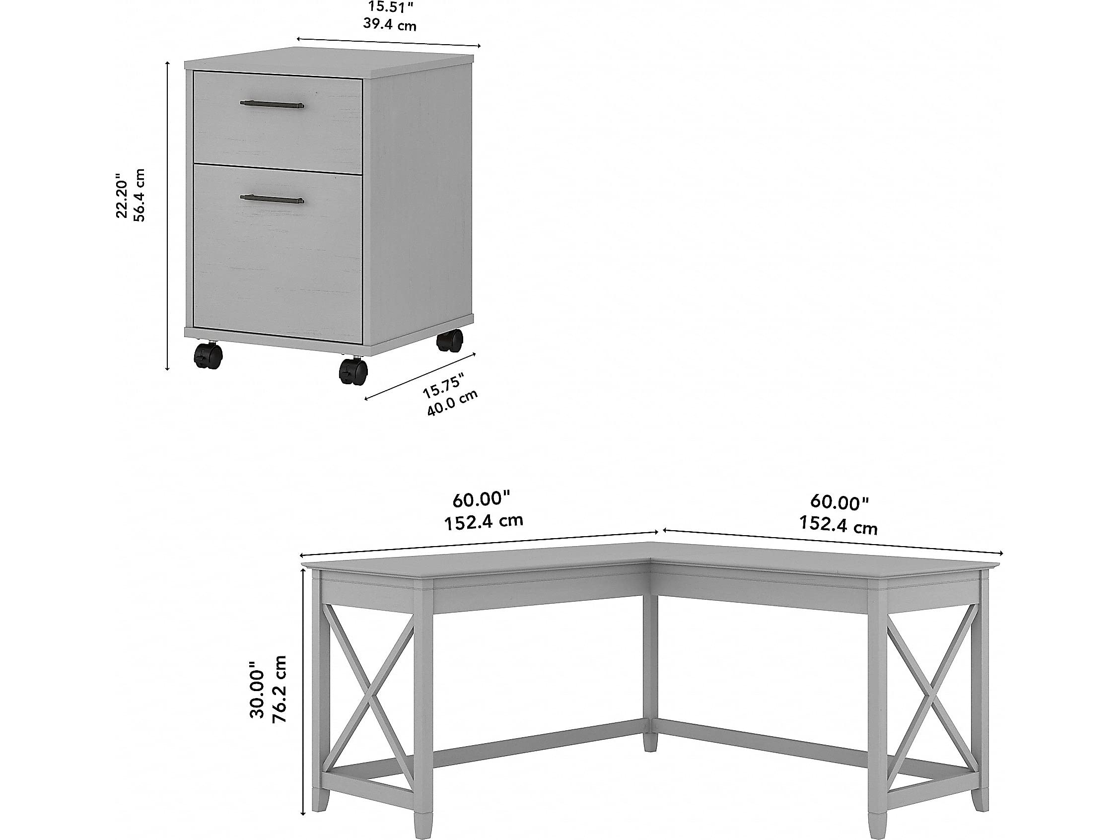 Bush Furniture Key West 60W L Shaped Desk with 2 Drawer Mobile File Cabinet in Cape Cod Gray