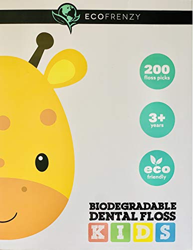 EcoFrenzy Kids Floss Picks 200 COUNT (4 packs of 50 Flossers) - BIODEGRADABLE Cornstarch - Strawberry Flavored