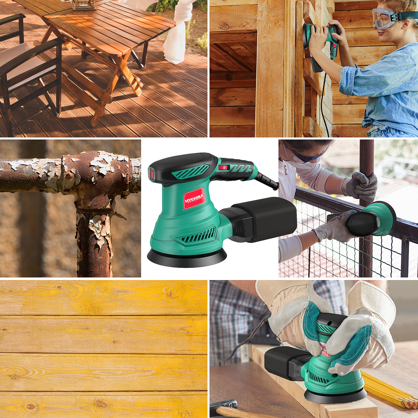 5-Inch Random Orbital Sander, HYCHIKA 13000RPM Electric Orbital Sander with 6 Various Speeds, Palm Sander with 12 Pcs Sandpapers, 1 Pcs Dust Bag, Fit for Woodworking/Sanding