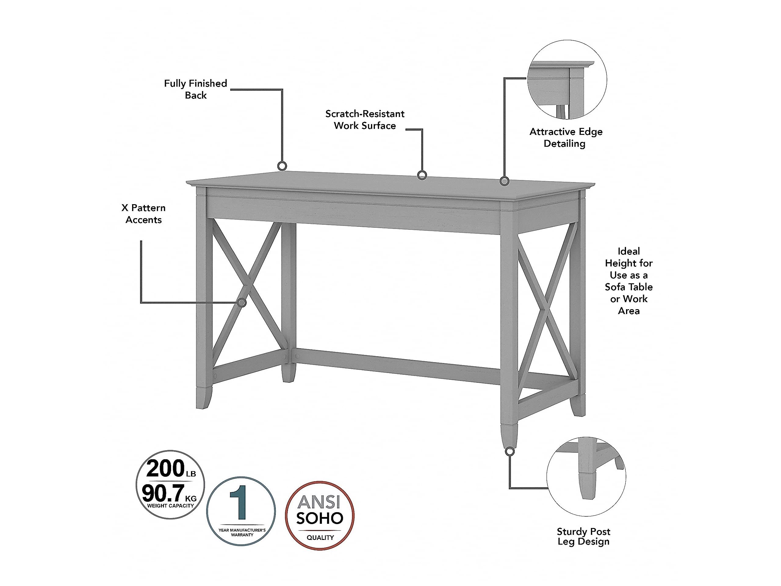 Bush Furniture Key West 48W Writing Desk with 2 Drawer Lateral File Cabinet and 5 Shelf Bookcase in Cape Cod Gray