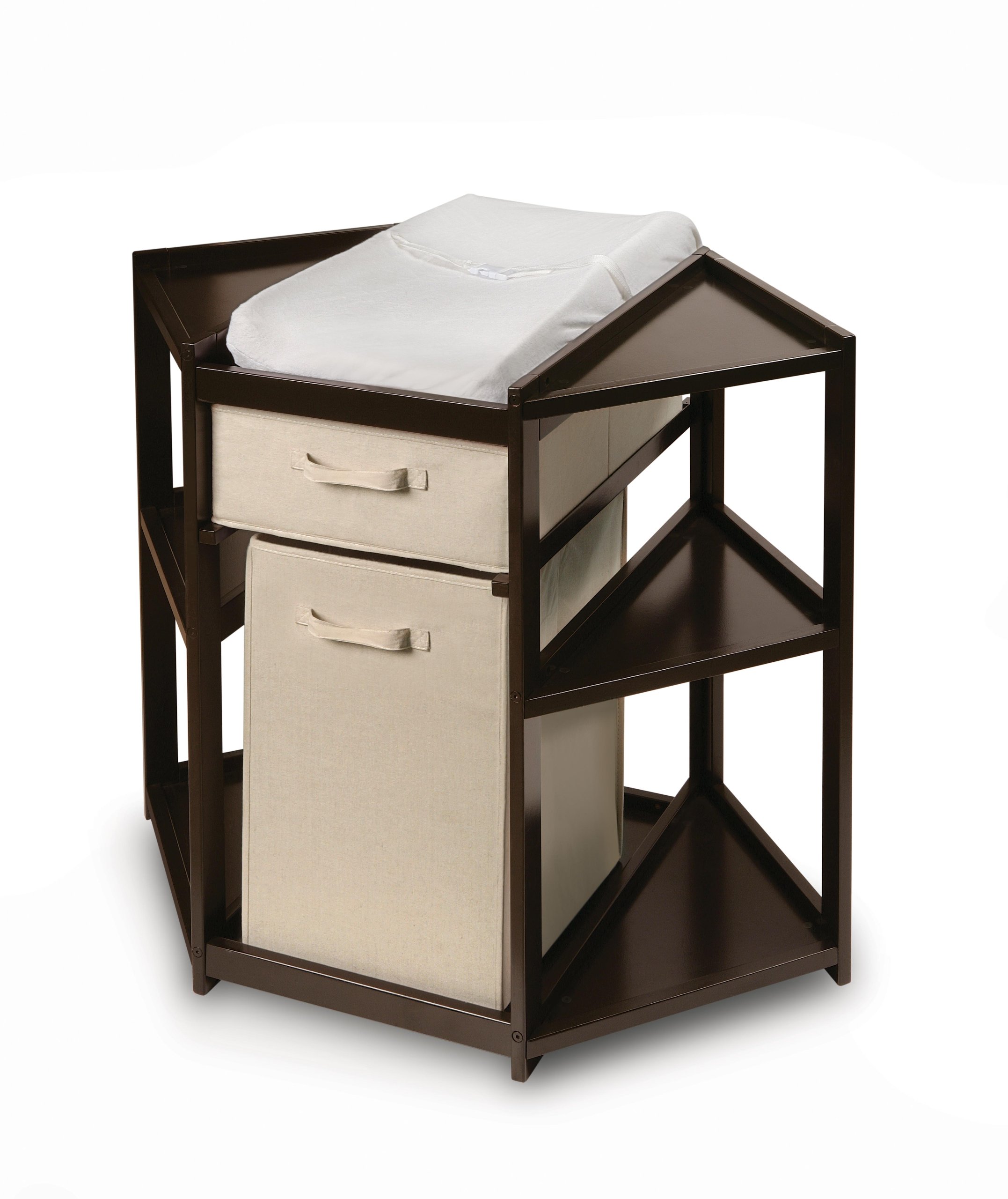 Badger Basket Corner Diaper Changing Table with Laundry Hamper, Storage Bin, and Contoured Pad for Baby - Espresso