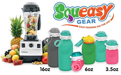 Blue 6 oz Squeasy Snacker Spill Proof Silicone Reusable Food Pouch - for Both Soft Foods and Liquids - Water, Apple Sauce, Yogurt, Smoothies, Baby Food - Dishwasher Safe