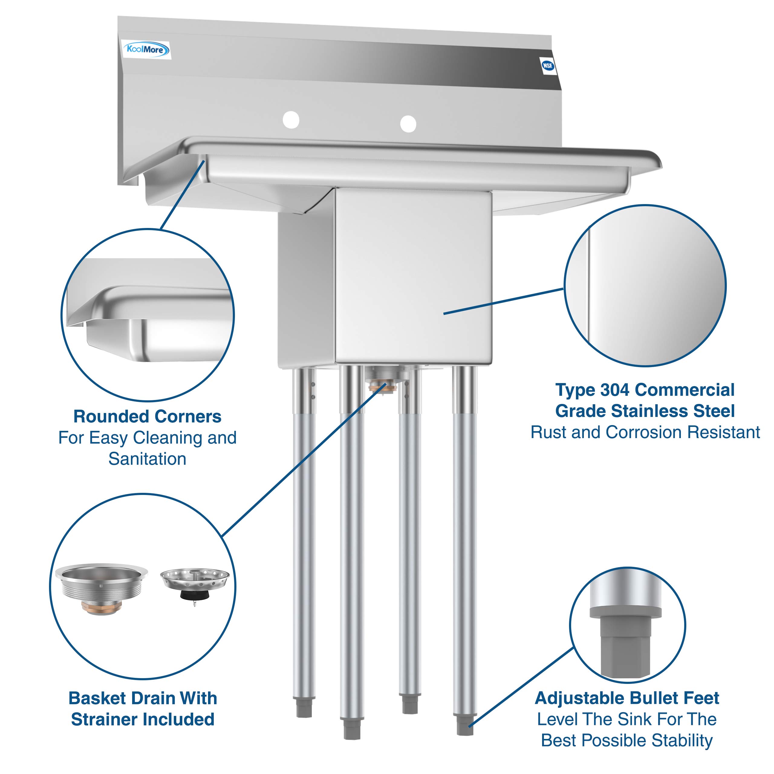 KoolMore - SA101410-10B3 1 Compartment Stainless Steel NSF Commercial Kitchen Prep & Utility Sink with 2 Drainboards - Bowl Size 10" x 14" x 10", Silver
