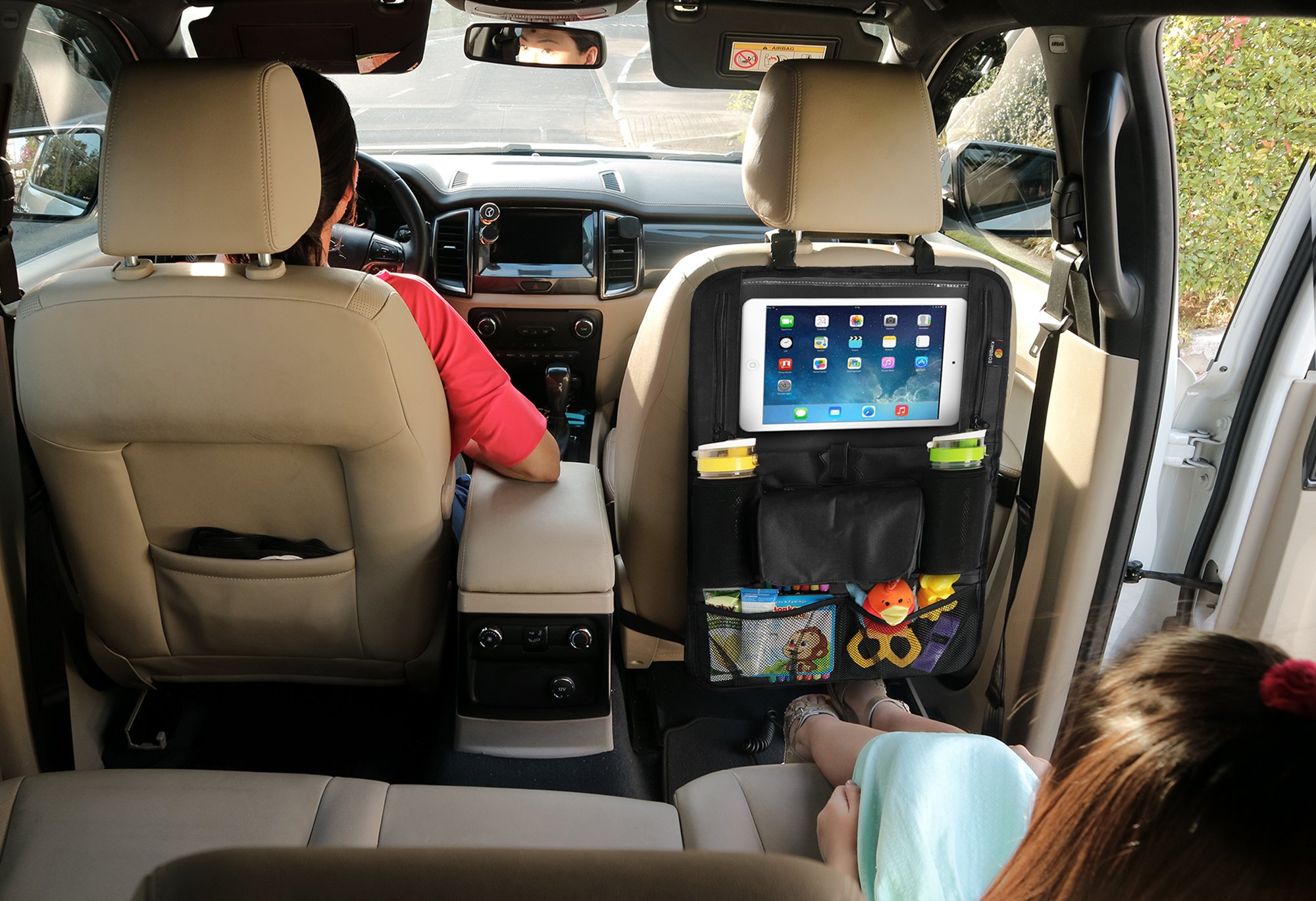 Kimbros Backseat Organizer with Tablet Holder for any age, (Holds IPAD PRO 10.5), Multiple Pockets, Side Double zipper for cables, Extra Long Harness with buckle for any size car, Baby wipe pouch