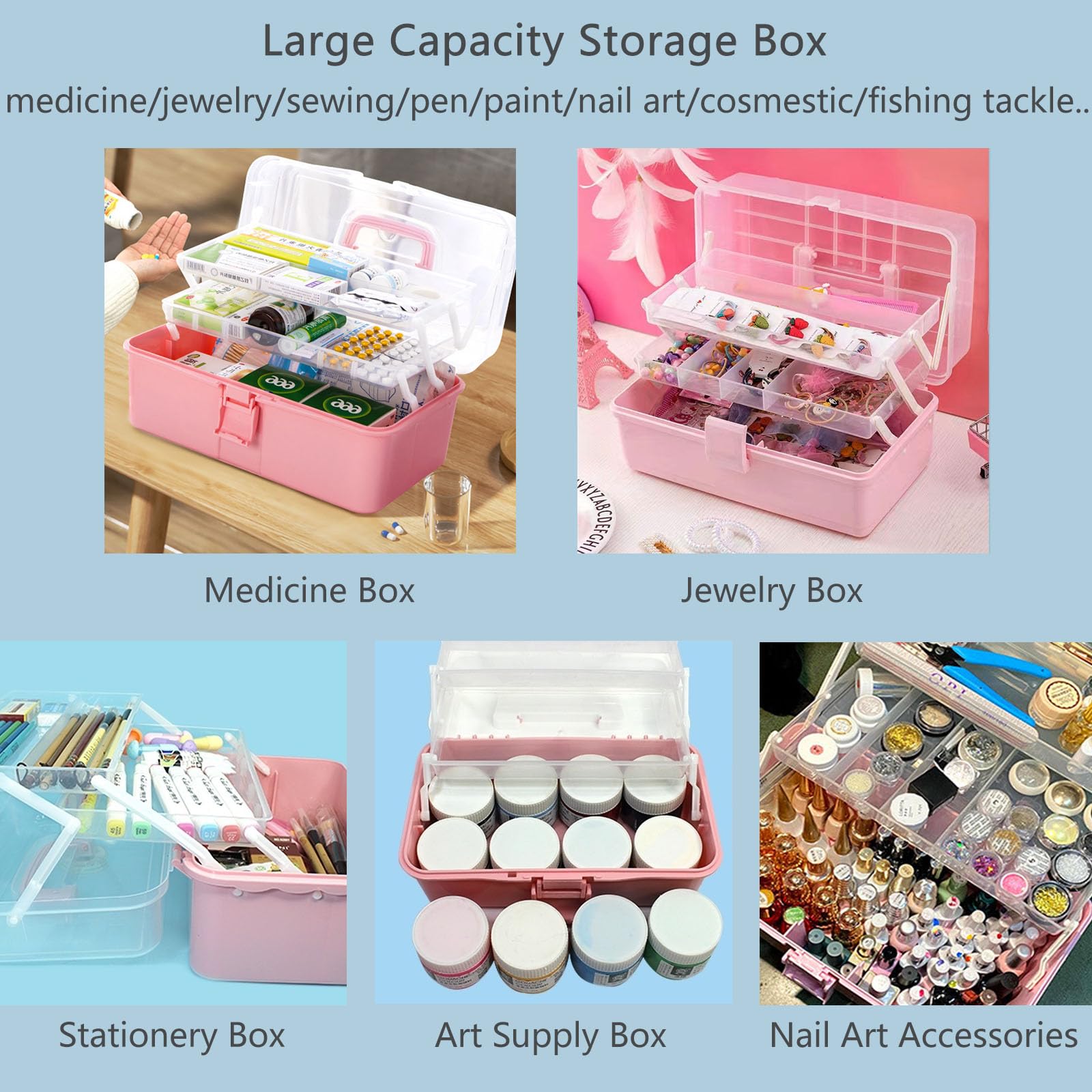 Acrux7 2 Pack Pink Tackle Box Organizer 3 Layers Craft Storage Organizers 10.6'' Plastic Portable Storage Box with Handle and 2 Trays, Folding Craft Box for Arts, Medicine, Sewing, Painting Supplies