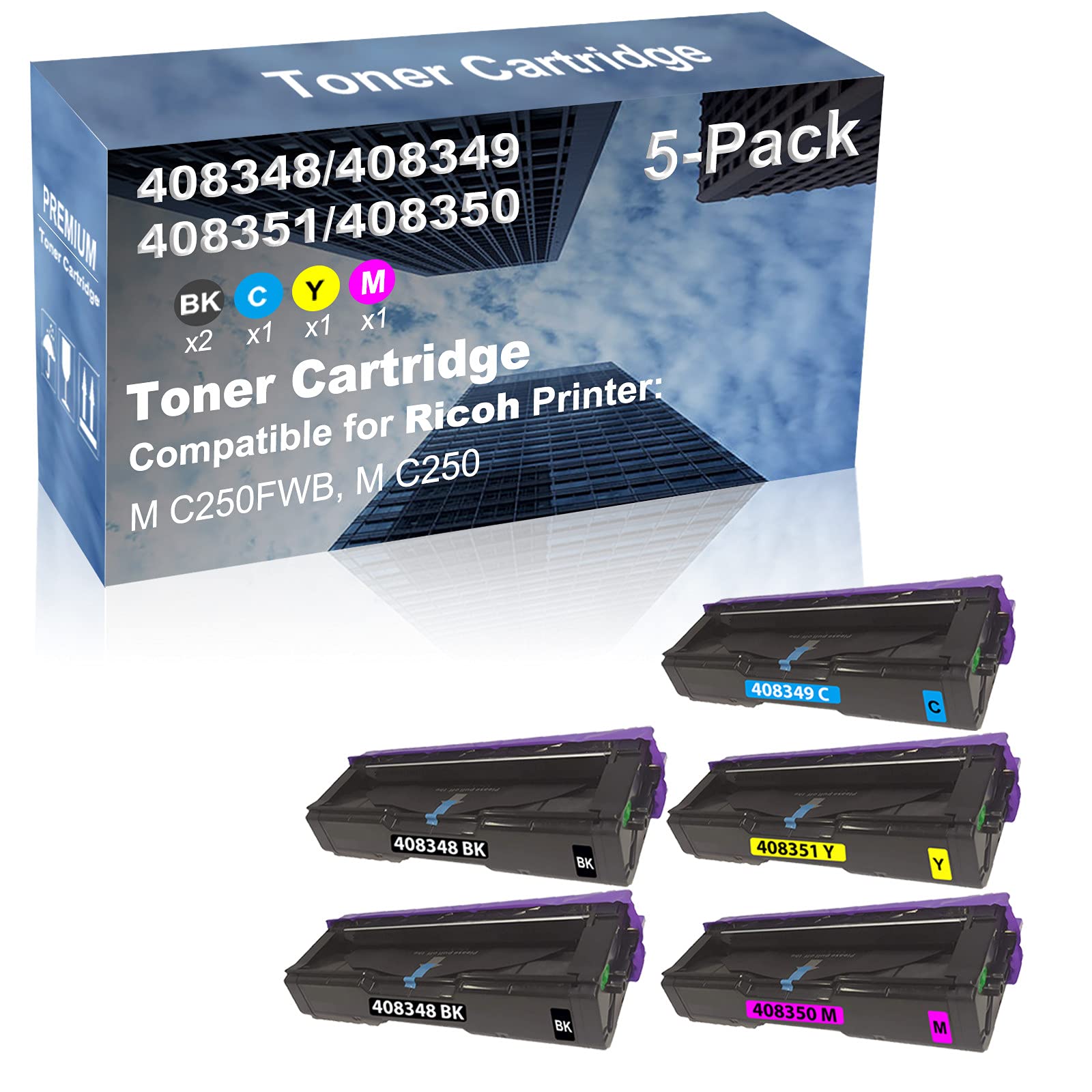 5-Pack (2BK+C+Y+M) Compatible High Capacity 408348+ 408349+ 408351+ 408350 Toner Cartridge Used for Ricoh M C250FWB, M C250 Printer