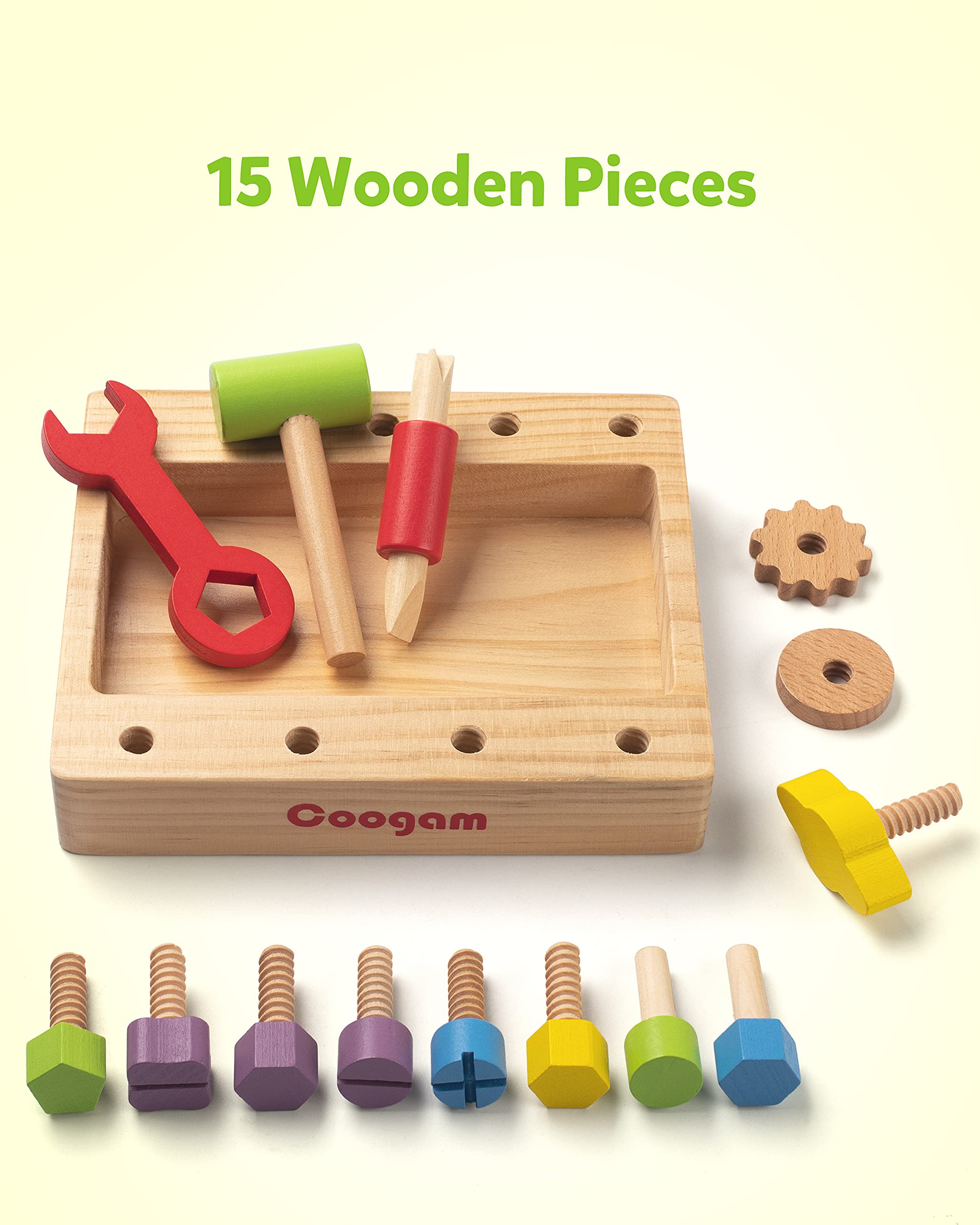 Coogam Wooden Tool Box, Toddler Fine Motor Skill Construction Building STEM Toy Set Nuts and Bolts Screw Driver Toolbox Kit Montessori Educational Gift for Preschool Year Old Kids