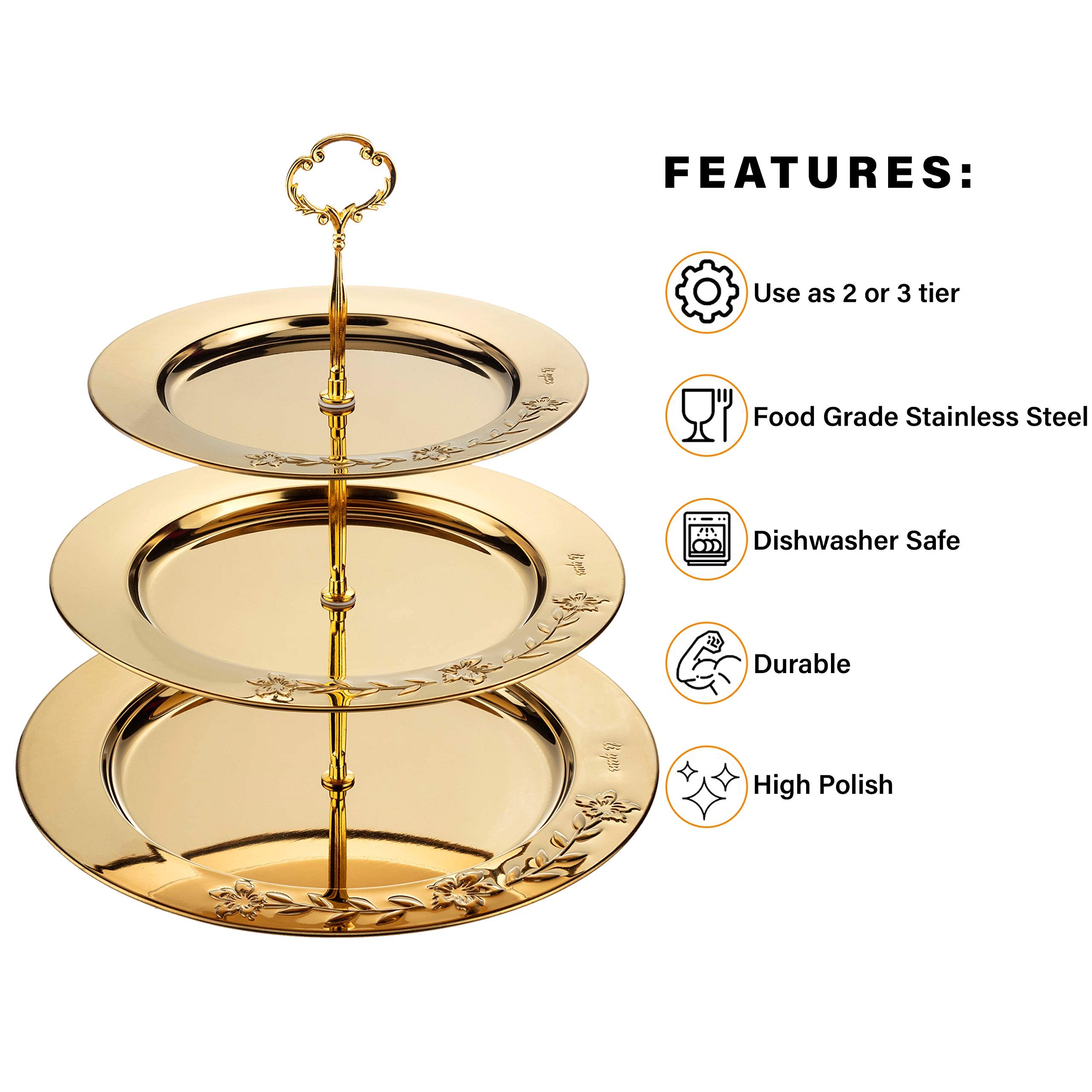 AKSHITHAA Large Food Grade Stainless Steel Three Tier Gold Cupcake Stand-Gold Dessert Stand-Gold Serving Tray-Three Tiered Gold Cake Stand for Weddings with Extra Gold Cake Server, Dishwasher Safe