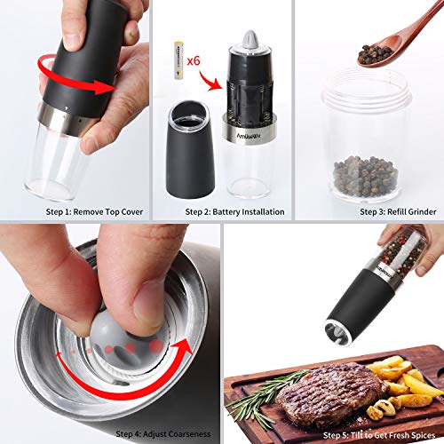 Electric Gravity Salt and Pepper Mill Set of 2【White Light】- Battery Operated Automatic Salt and Pepper Mills with Light,Adjustable Coarseness,One Handed Operation,Cleaning Brush,Black by AmuseWit