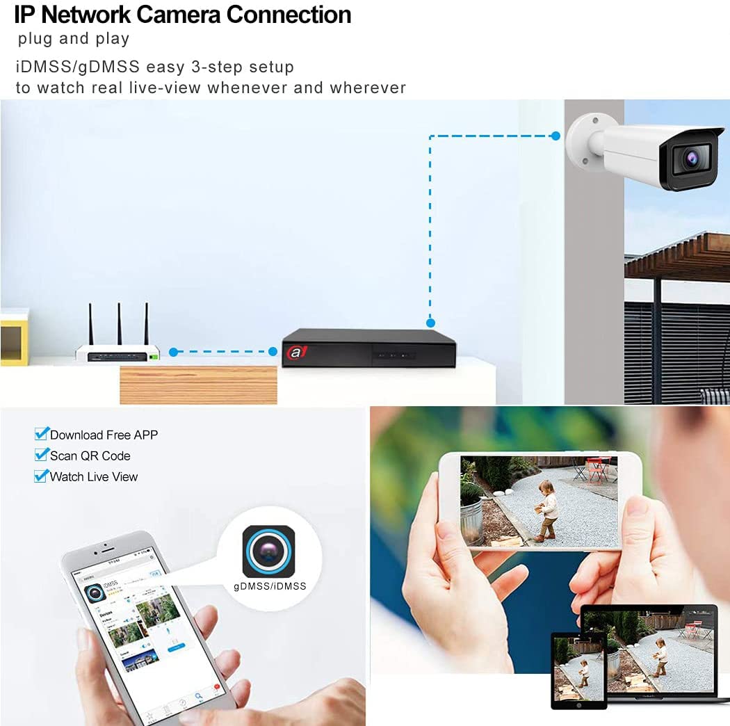 Starlight 8MP Poe Camera, 5X Optical Zoom with 196ft Night Vision, Audio Alarm in/Out Ports for Two-Way Audio Instant Alarm, SD Card Slot,WDR,IP67, 4K Security IP Camera(NO Logo)
