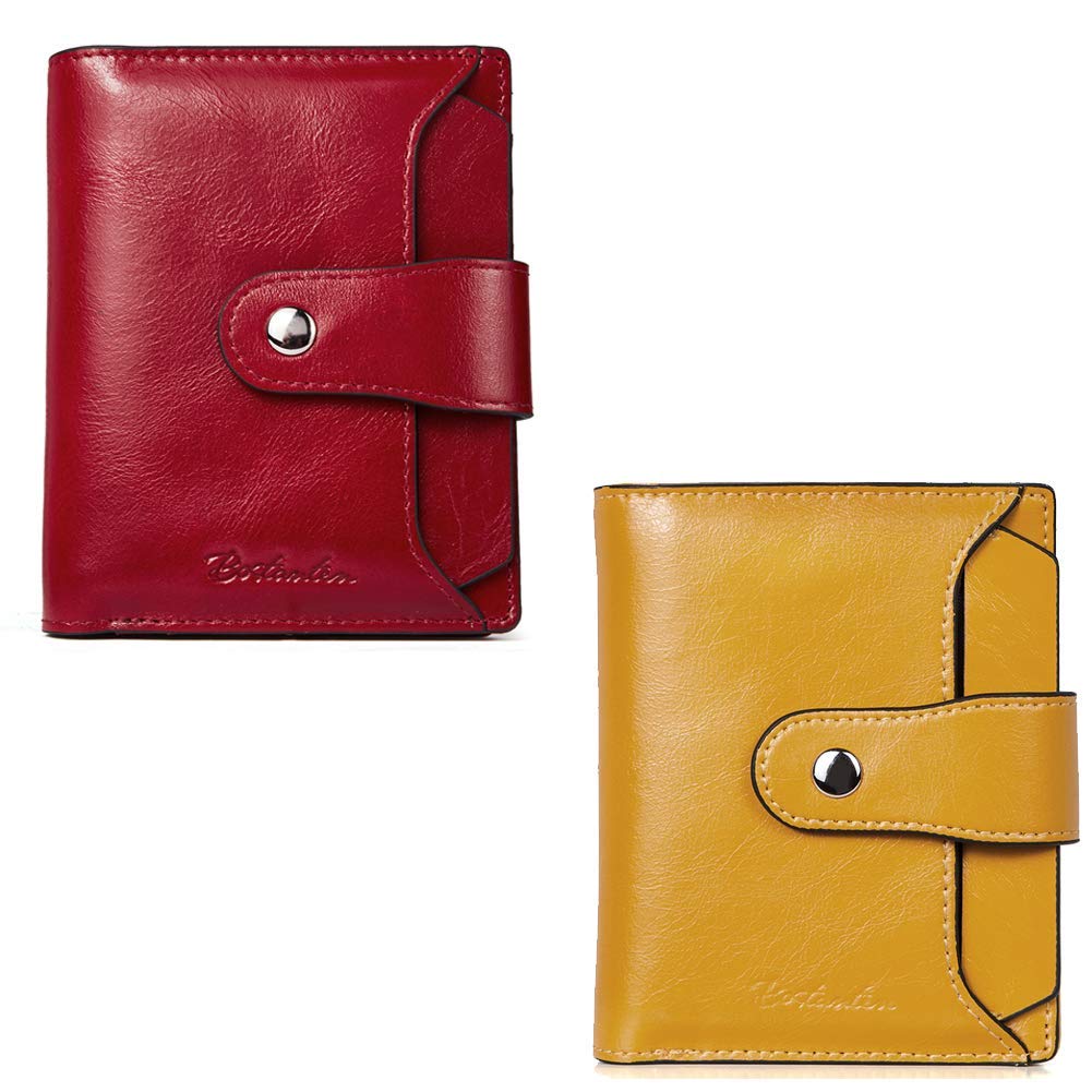 BOSTANTEN Women Leather Wallet RFID Blocking Small Bifold Zipper Pocket Wallet Card Case Red and Yellow Bundle