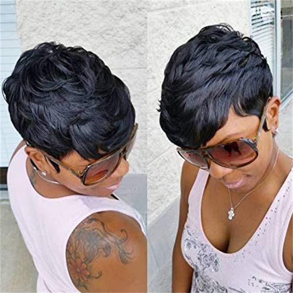 Short Slight Layered Wavy Short Human Hair Wigs for Black Women Human Hair Short Pixie Cut Wigs for Black Women Human Hair Natural Color