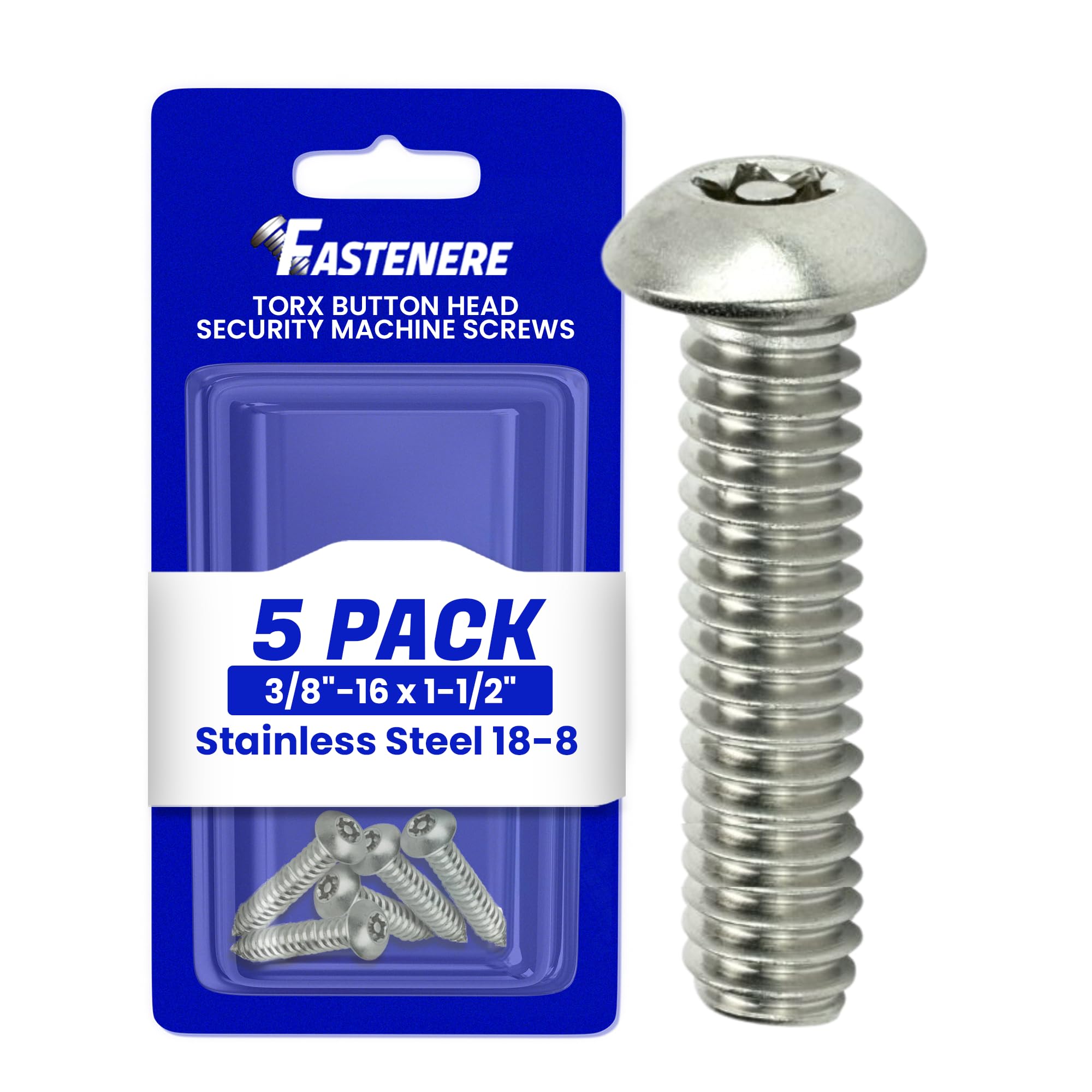 Fastenere Torx Security Machine Screws - 3/8-16 x 1-1/2" (5-Pack) Stainless Steel, Tamper-Resistant, Button Head Screws, Bolt Screw for Higher Level of Safety & Theft Prevention