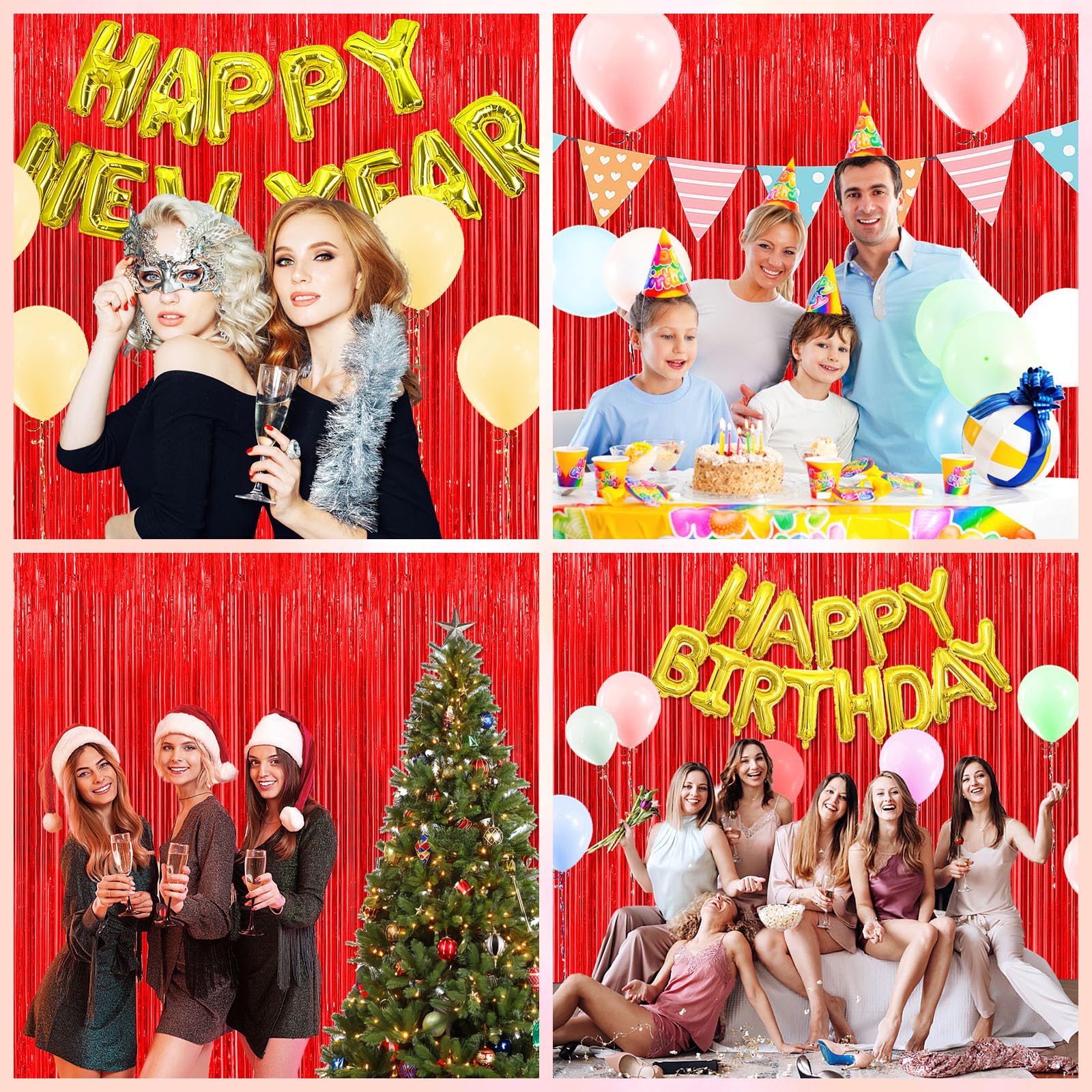 4-Pack Backdrop for Party Decorations, Foil Fringe Backdrop Curtains, Tinsel Streamers for Birthday Party Decorations, Tinsel Curtains for Halloween Valentine Disco Hollywood Theme Parties (Red)