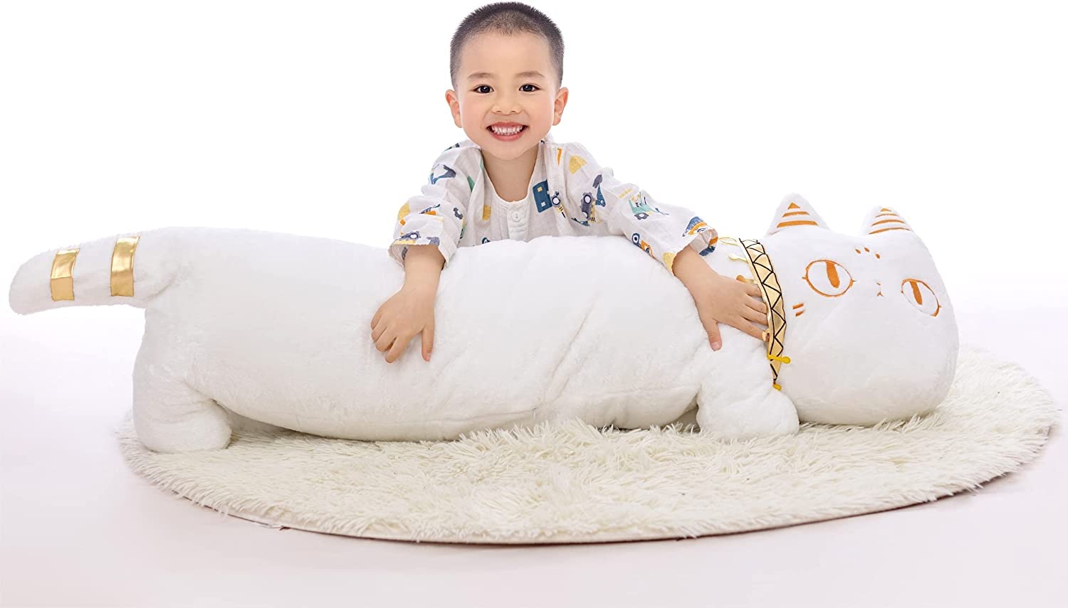 BEIMENWAI Long Cat Stuffed Animal Plush Toys, Cute White/Black Cat Long Pillows, Super Soft Cartoon Cat Plush Pillow, Halloween Toy for Girls Boys (White,Large 47.2IN)