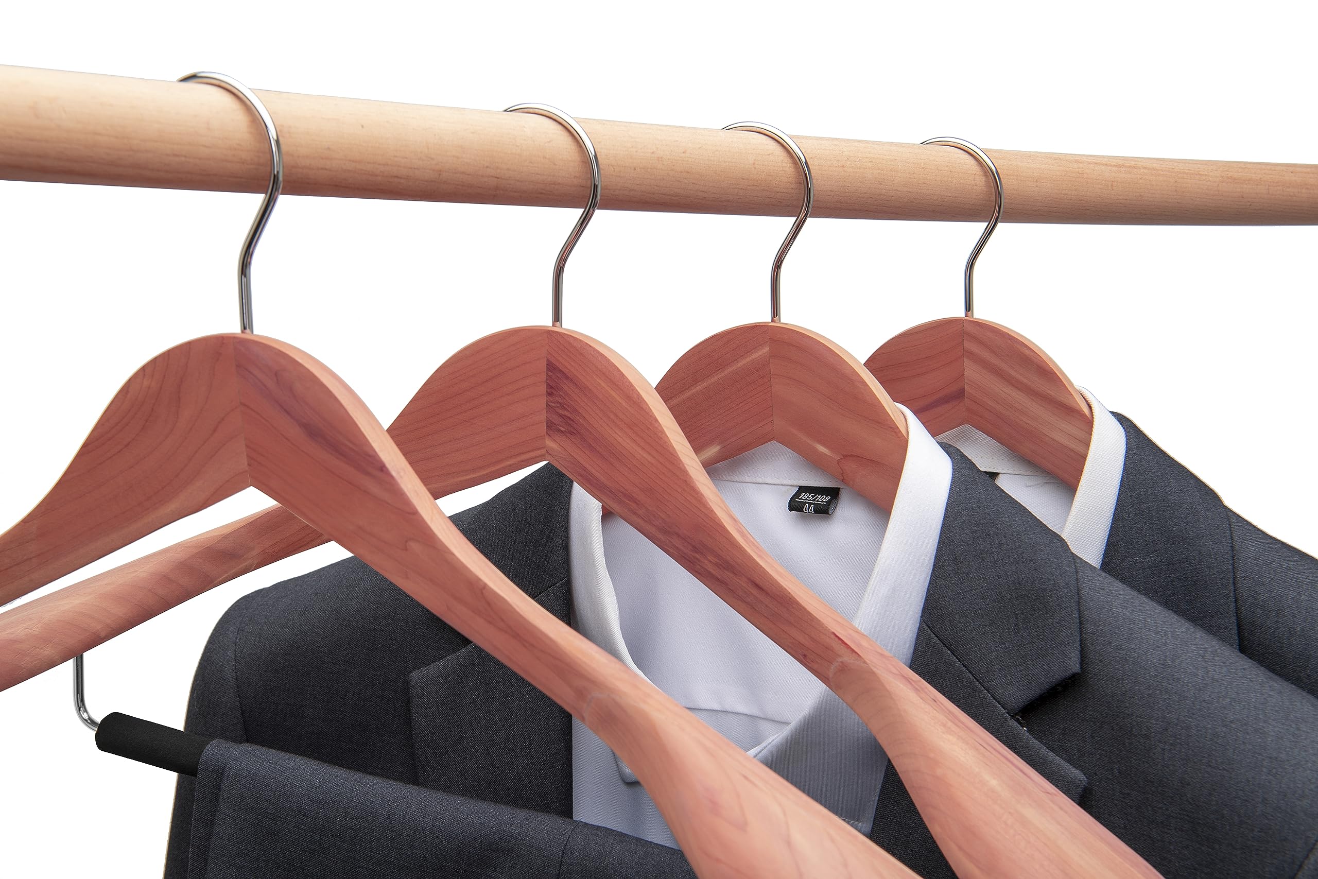 8 Pack Unfinished American Red Cedar Wooden Coat Suit Hangers with Extra Wide Shoulder, Wooden Jacket Clothes Hanger with Non Slip Black Padded Pant Bar- 360°Flexible Hook, Natural- HL03C2