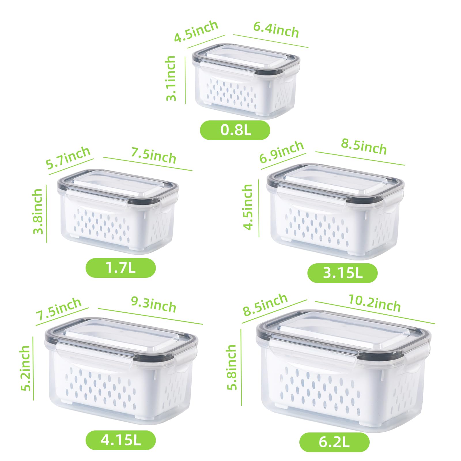 5-Pack Fruit Storage Containers for Fridge with 5pcs Sealing Clips, Fridge Organizers And Storage Clear Refrigerator Organizer Bins for Vegetable Berry Lettuce, BPA-Free Dishwasher & Microwave Safe