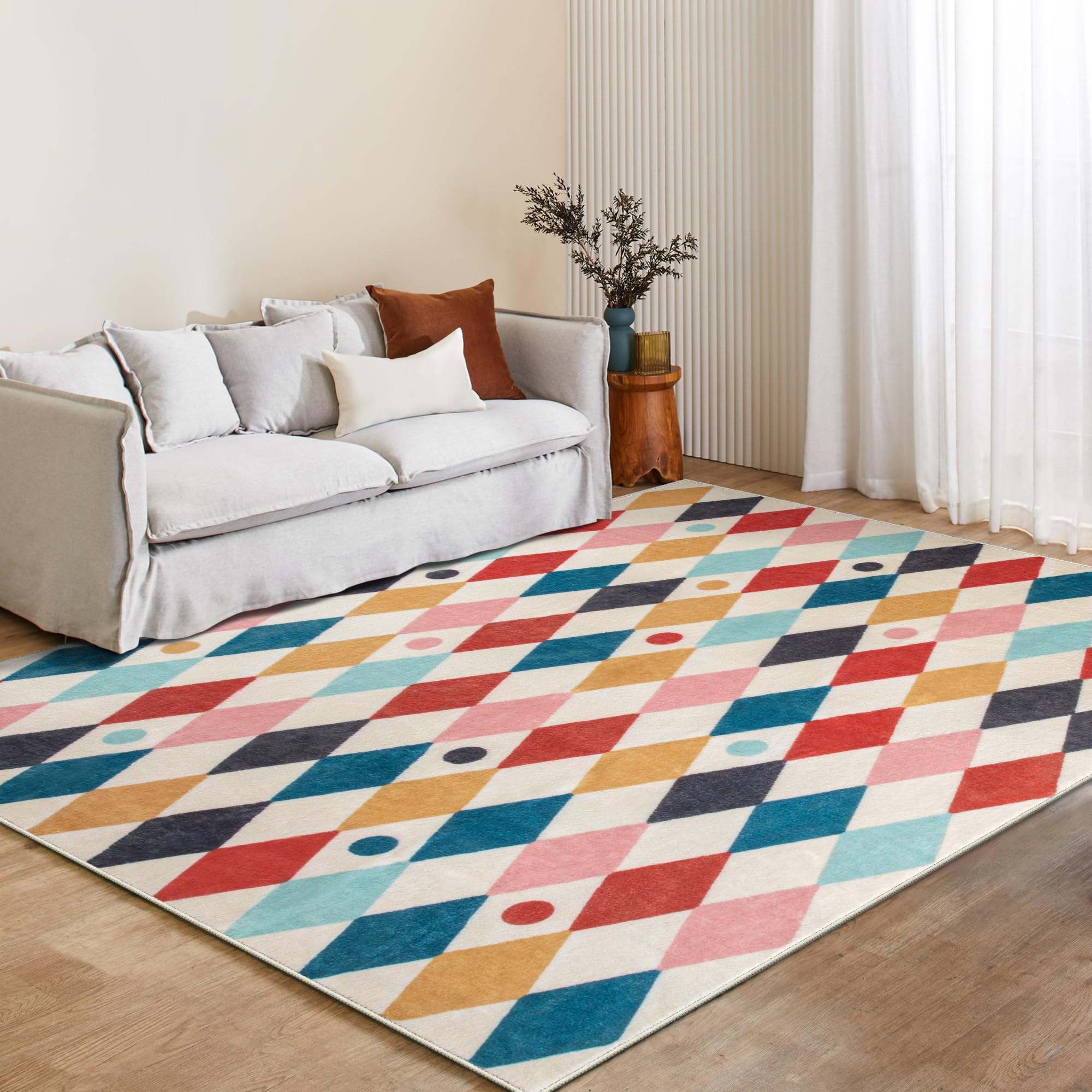 ADecor Colorful Area Rug, 5x7 Low Pile Stain Resistant Washable Rug, Large Soft Non-Slip Multicolor Diamond Checkered Kids Rug Carpet for Bedroom, Living Room, Nursery, Playroom Decor