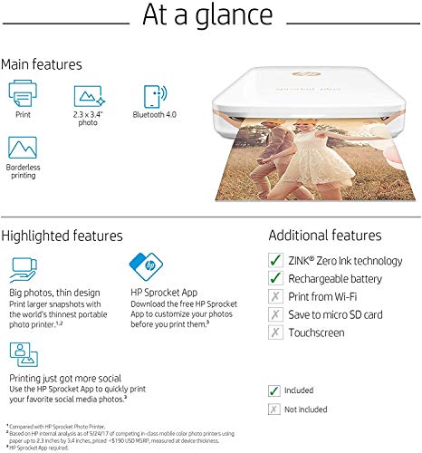 HP Sprocket Plus Instant Color Photo Printer, Print 30% Larger Photos on 2.3x3.4 Sticky-Backed Paper – White (2FR85A)