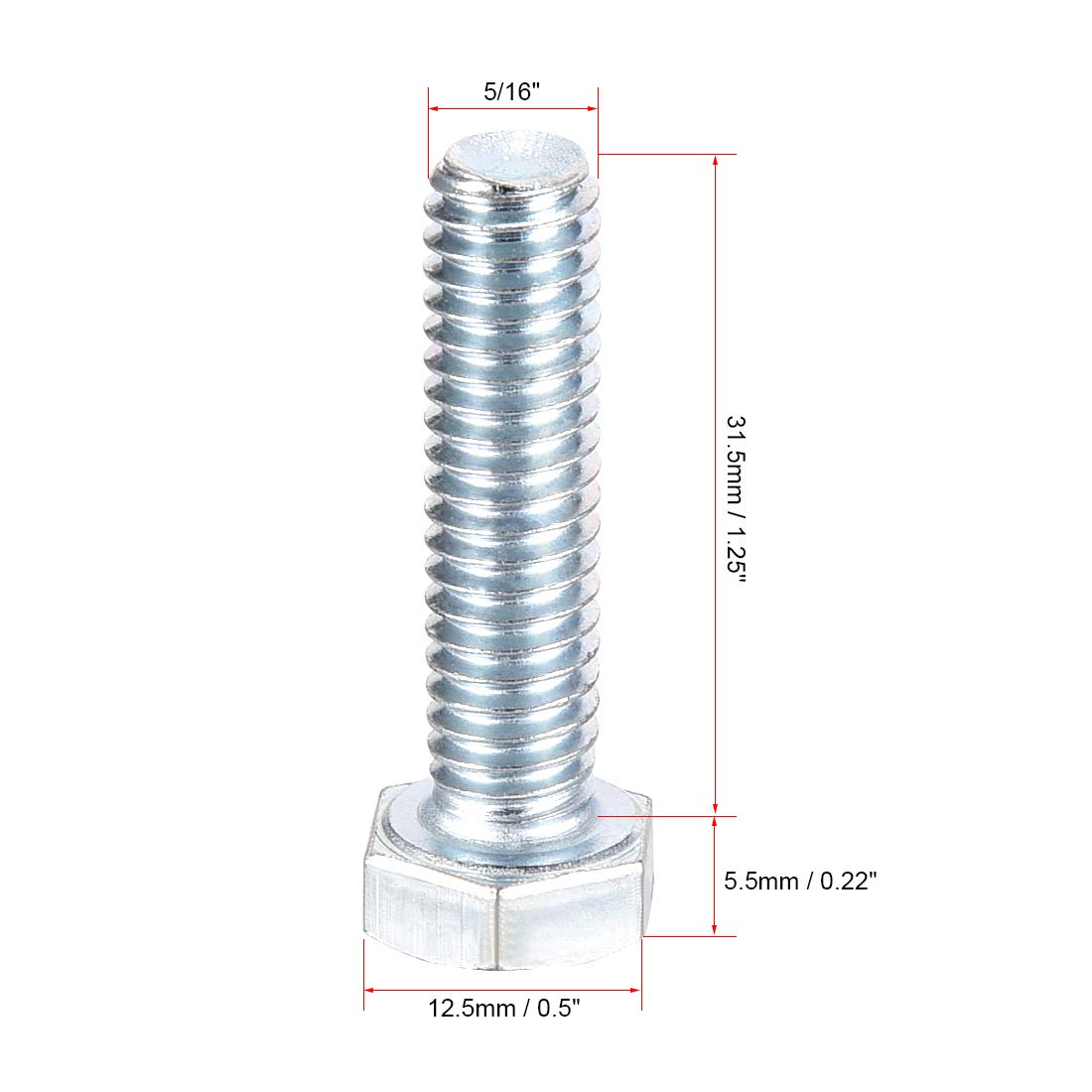 uxcell Hex Head Screw Bolts Carbon Steel 5/16"-18 * 1-1/4" Fastener Grade 5 UNC 10pcs