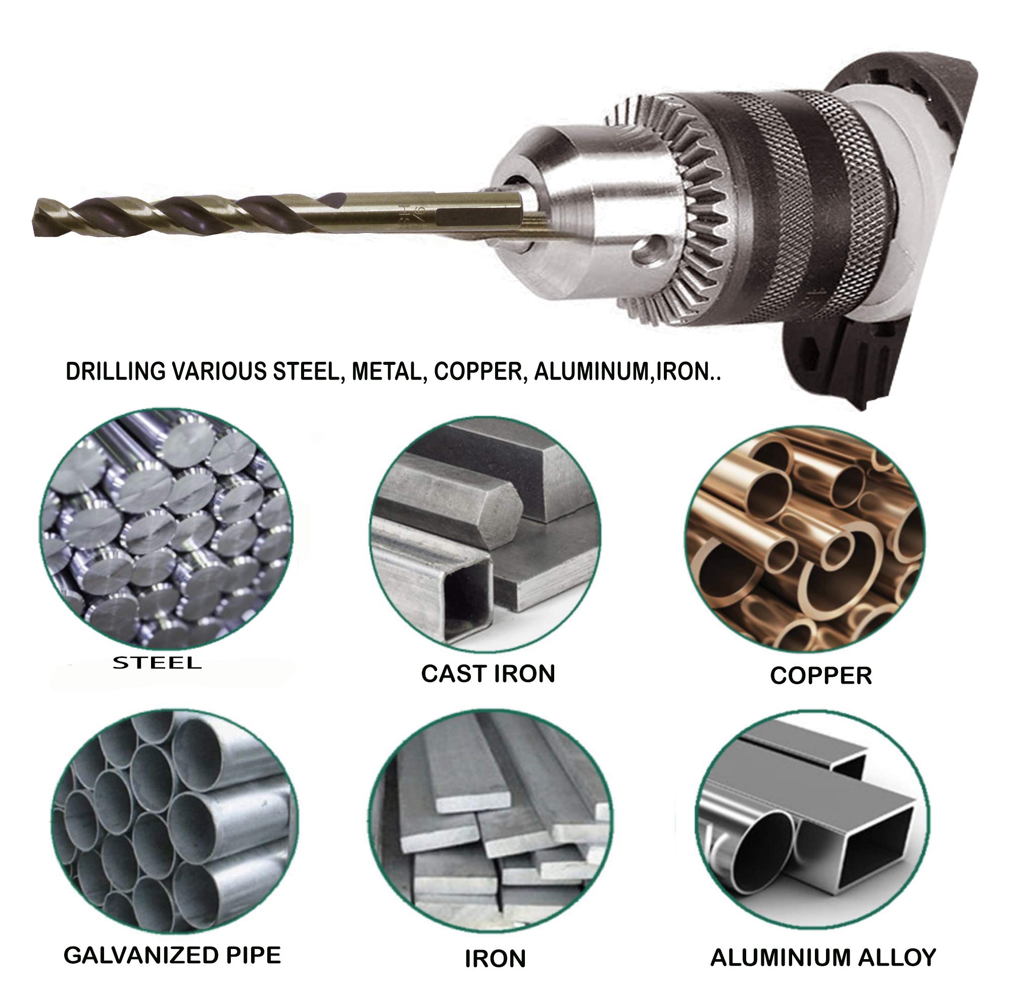 Hss Drill Bits 7/32 In. Jobber Twist Parabolic Flute Golden/Black 3-Flat Shank Drill Steel Metal-10Pcs
