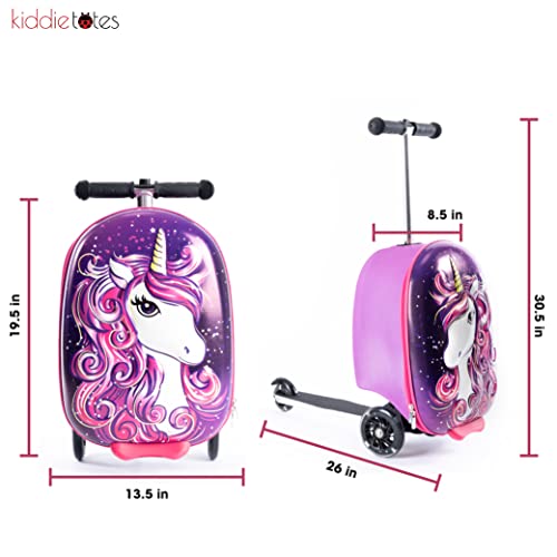 KIDDIETOTES 3-D Hardshell Ride On Suitcase Scooter for Kids - Cute Lightweight Kids Luggage with Wheels - Fun LED Lights