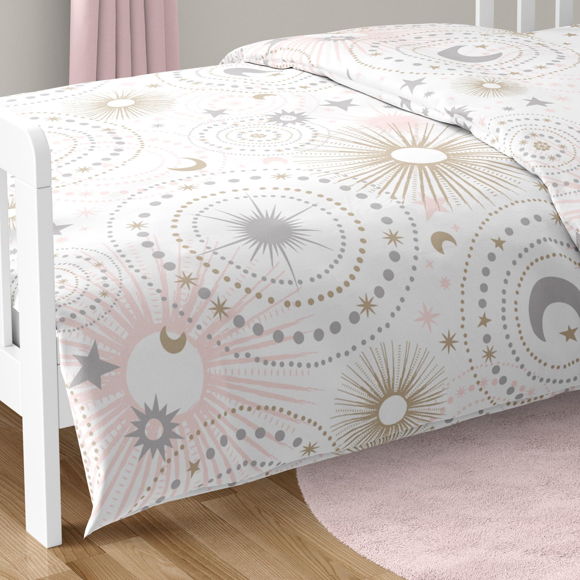Blush Pink, Gold, Grey and White Star and Moon Celestial Girl Toddler Kid Childrens Bedding Set by Sweet Jojo Designs - 5 Pieces Comforter, Sham and Sheets