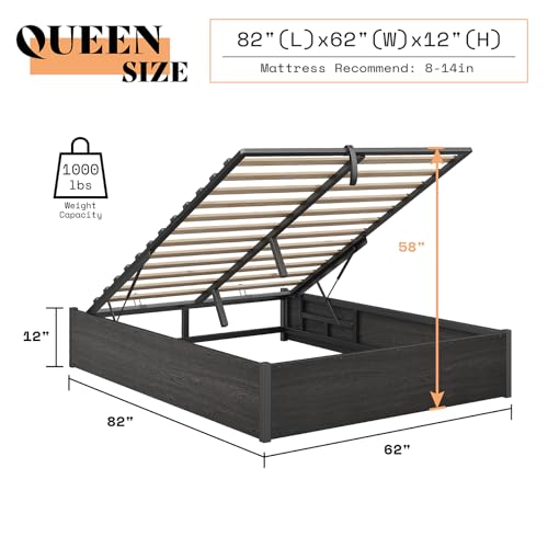 AMERLIFE Lift Up Storage Bed, Queen Bed Frame with Storage Underneath, Wooden Platform Bed Frame, Solid Wood Slats Support, No Fixed Headboard, No Box Spring Needed, Dark Oak