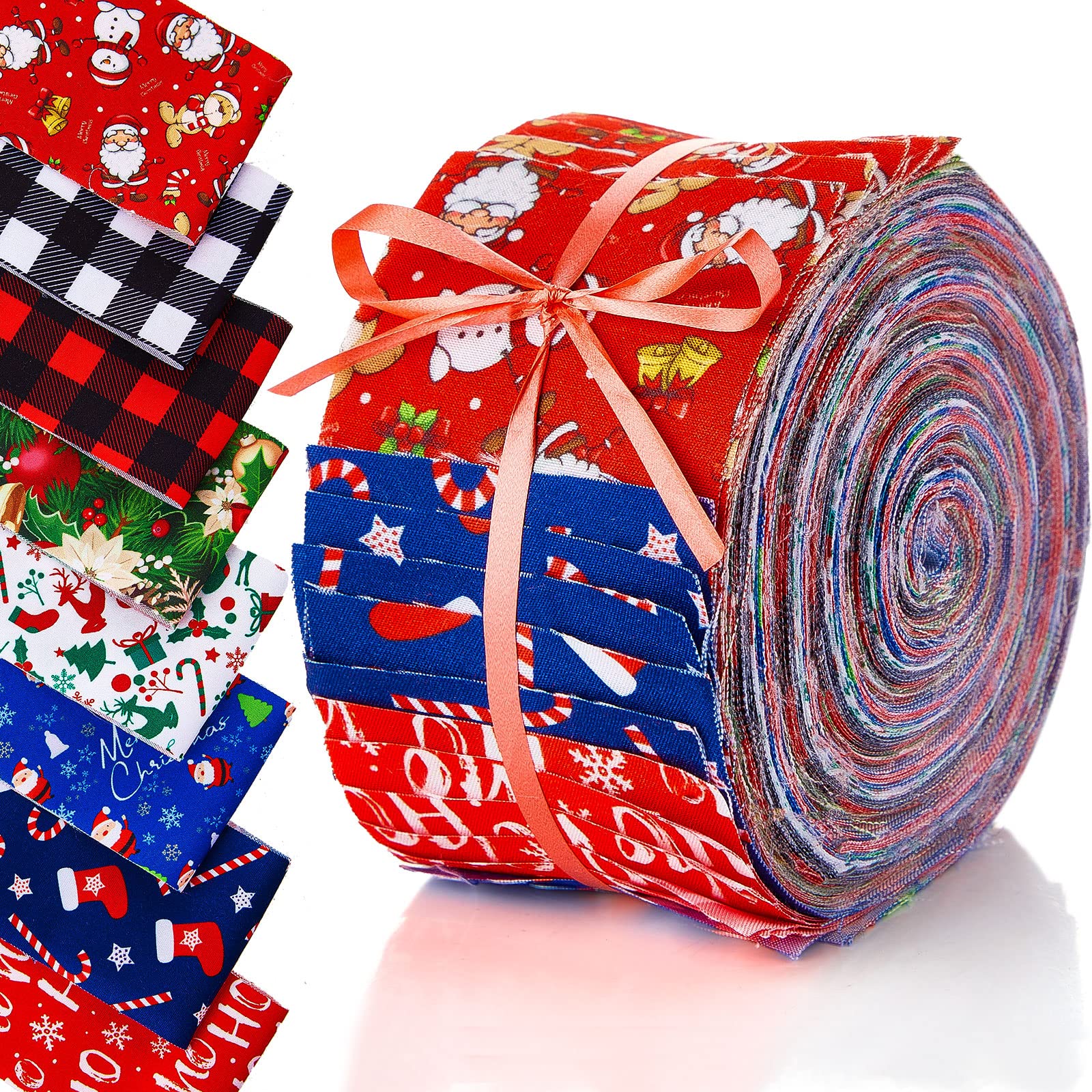 40 Pieces Christmas Jelly Fabric 2.6 x 40" Christmas Tree Santa Pattern Precut Fabric Quilting Strips Roll up Patchwork Cotton Fabric for Xmas DIY Sewing Handmade, 8 Styles