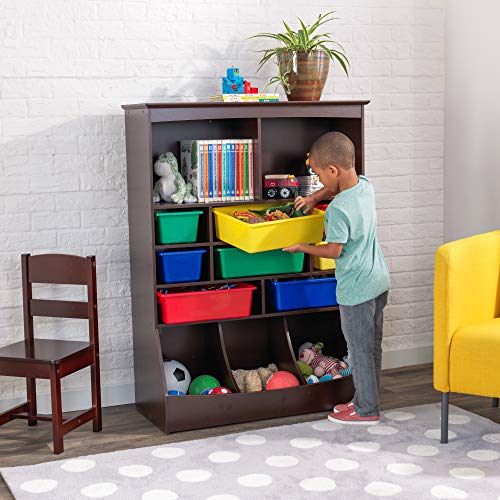 KidKraft Wooden Wall Storage Unit with 8 Plastic Bins and 13 Compartments, Espresso, Gift for Ages 3+