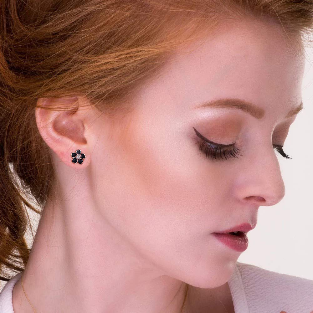 925 Sterling Silver Stud Earrings,Cute Flower Ear Studs for Women,White/Black/Rose Gold Plated, Hypoallergenic Jewelry Gift (Black)