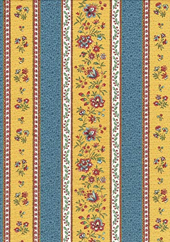 Textiles français Provençal Stripe Floral Fabric GORDES | Stone Blue and Yellow - with Red, Green and Ivory - Luxury 100% Cotton Printed Fabric - 63 inches Wide | Per Yard Length Increment