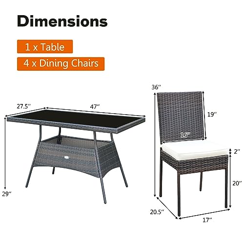 BaRdzo 5 PCS Patio Rattan Dining Set Glass Table High Back Chair Garden Deck Mix Brown