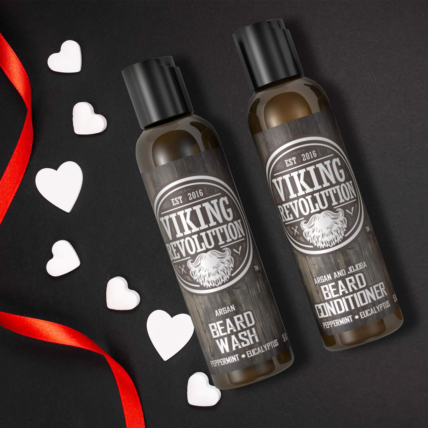 Viking Revolution Beard Care Set with Argan & Jojoba Oils - Softens, Smooths & Nourishes Facial Hair Growth - Peppermint and Eucalyptus Scented Wash & Conditioner (5 oz)