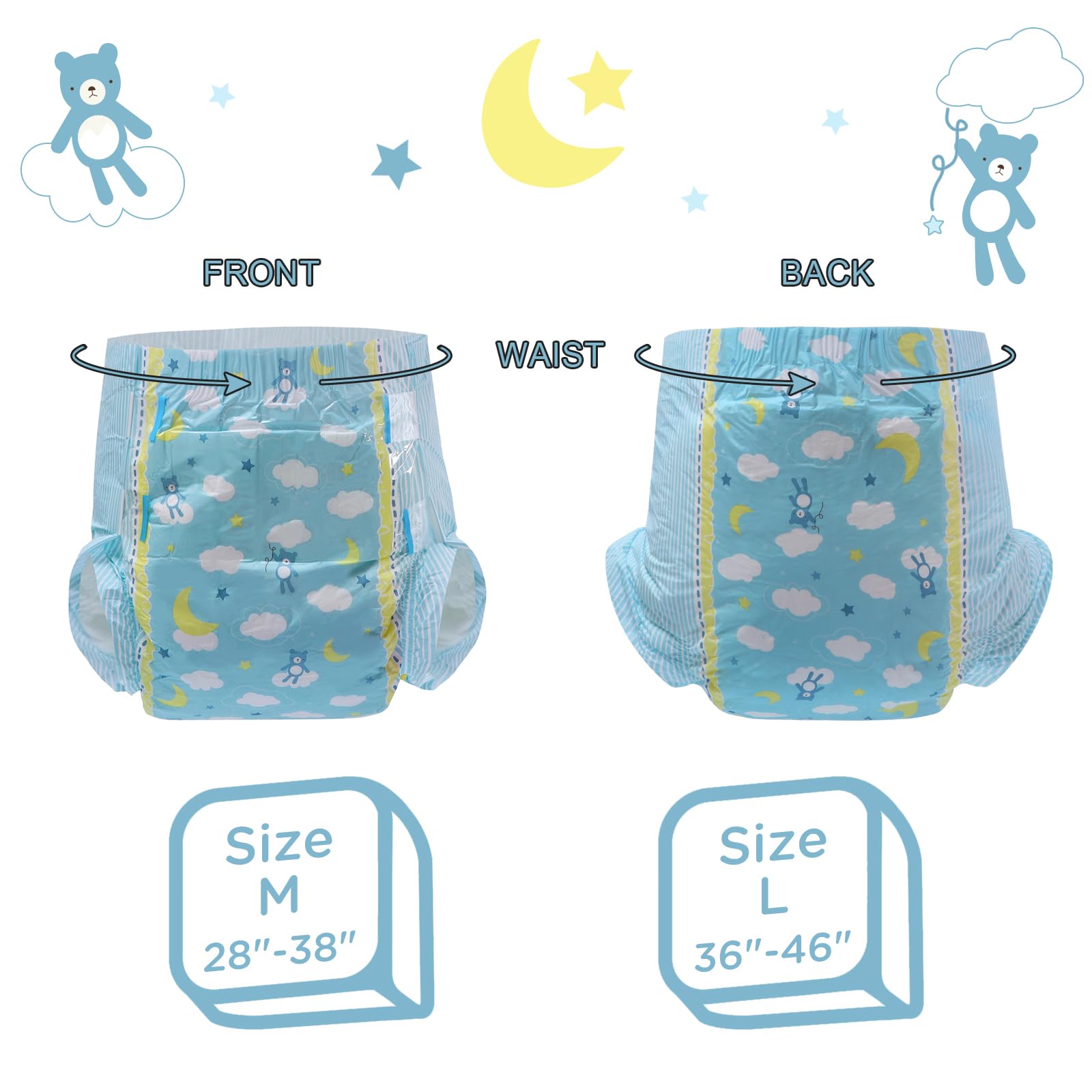 Littleforbig Adult Printed Diaper 40 Pieces (4 Packs) - Little Dreamers (Medium 28"-38")