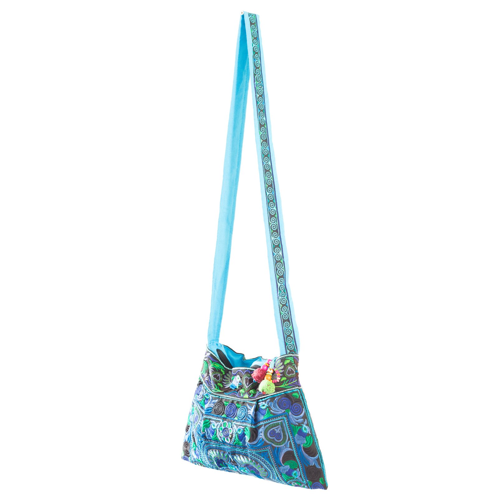 changnoi Handmade Crossbody Bag, Hmong Tribes Embroidered Sling Bag (Bird Blue)