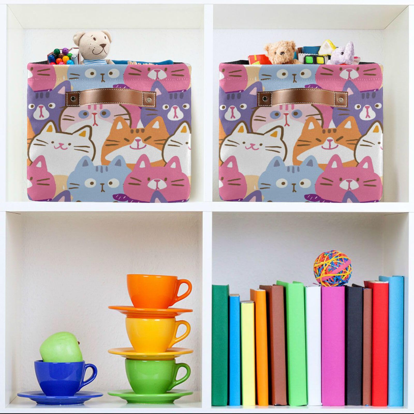 Cartoon Cat Large Storage Basket Cube Storage Bin Canvas Fabric Organizer Handles Collapsible Decorative for Clothes Toys Bedroom