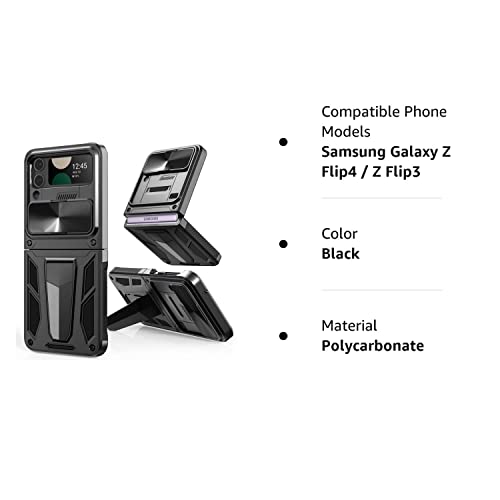 CASESTAR Military Armor Series Case for Samsung Galaxy Z Flip 4 / Z Flip 3,Build-in Kickstand & Camera Protection Sliding Cover - (Metallic Black)