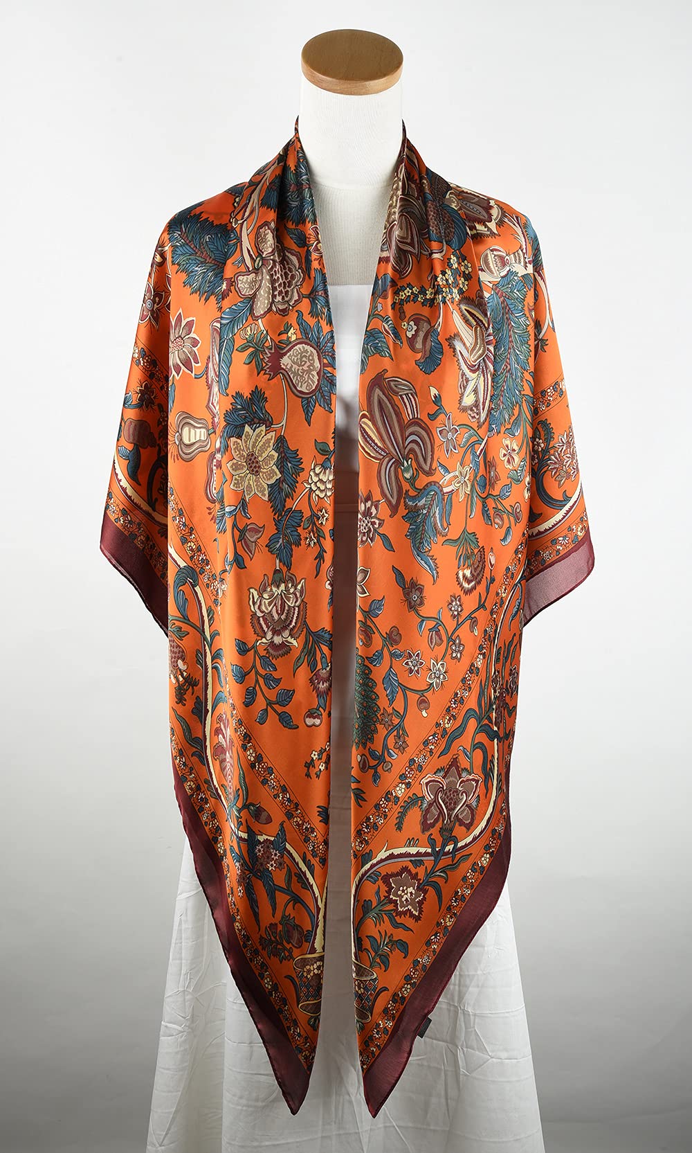 corciova Large Lightweight Women Square Designer Silk Scarf Shawl Pashmina Wrap 53 x 53 Safety Orange Burgundy Florals