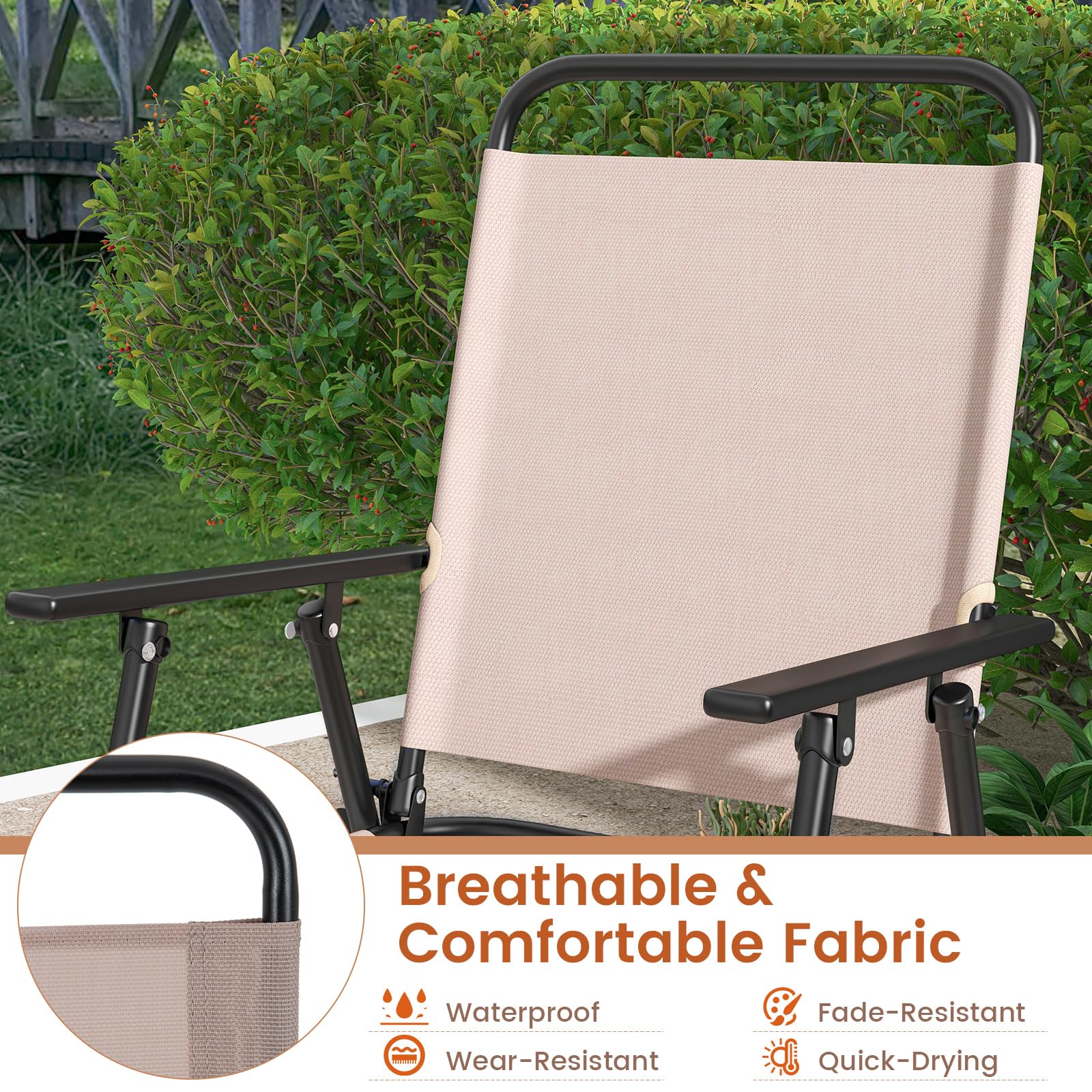 Tangkula Outdoor Folding Bar Stool Set of 4, Patio Dining Chairs w/Breathable Fabric & Metal Frame, Outdoor Bar-Height Stools w/Armrests, Portable Bar Chairs for Backyard Poolside Balcony