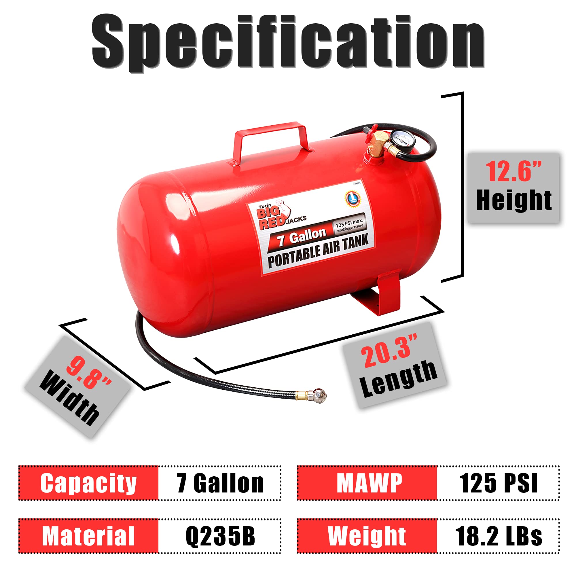 BIG RED T88011-1 Torin Portable Horizontal Air Tank with 50" Hose and Pressure Gauge, Capacity 11 Gallons, Red