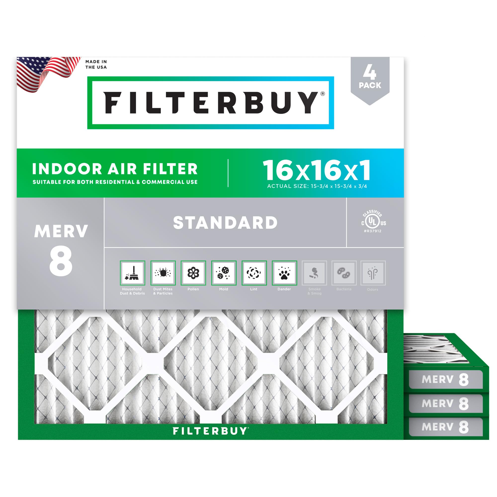 Filterbuy 16x16x1 Air Filter MERV 8 Dust Defense (4-Pack), Pleated HVAC AC Furnace Air Filters Replacement (Actual Size: 15.75 x 15.75 x 0.75 Inches)