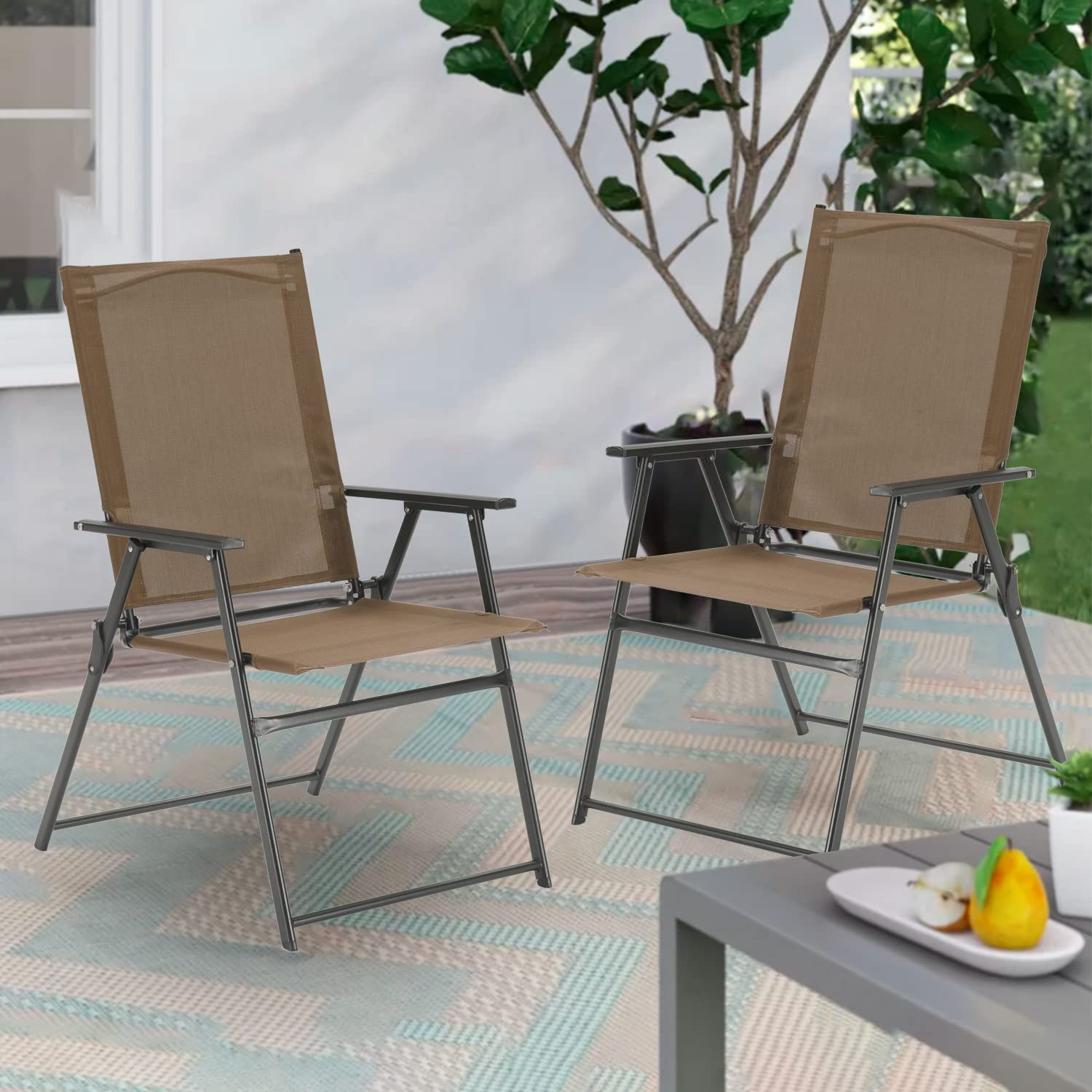 VICLLAX Folding Patio Chairs with Arms, Portable Patio Dining Chairs Sling Back Chairs for Garden, Set of 2