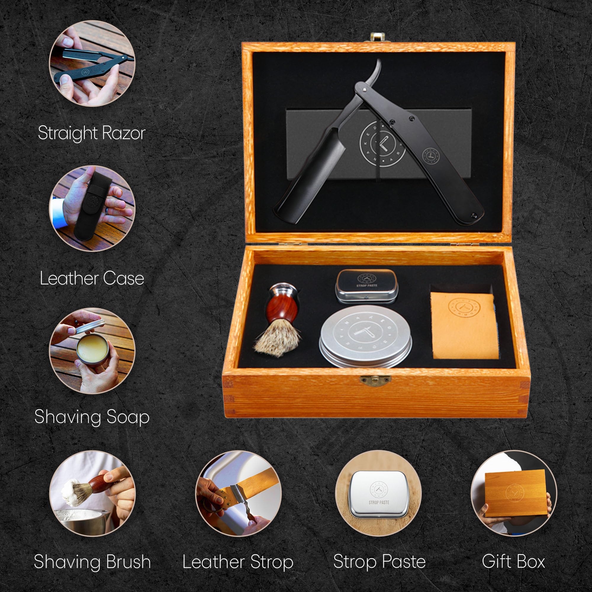 Naked Armor Straight Razor Kit - Shave-Ready Japanese Stainless Steel Blade, Complete Mens Shaving Kit, Straight Razor Shaving Kit for Beginners with Shaving Soap, Brush, Strop, Gift Box (Metallic)