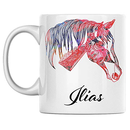 4Ink Personal Horse Mug Name Ilias White Ceramic 11 Oz Coffee Mug Printed on Both Sides Perfect for Birthday For Him, Her, Boy, Girl, Husband, Wife, Men, and Women