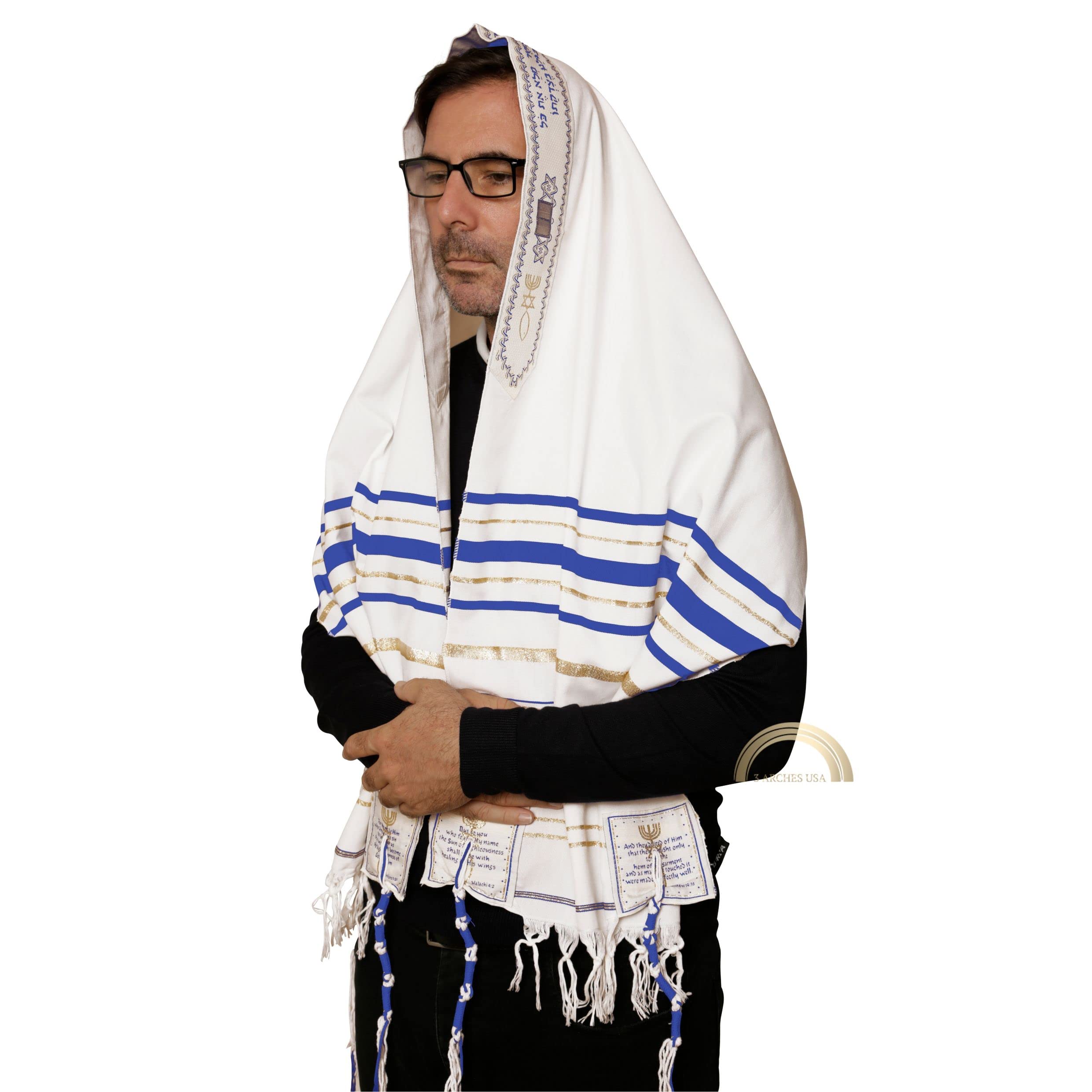 3 ARCHES USA, New Covenant Prayer Shawl Christian, Royal Blue Messianic Tallit 72”X22” With Bag, Israel Design.