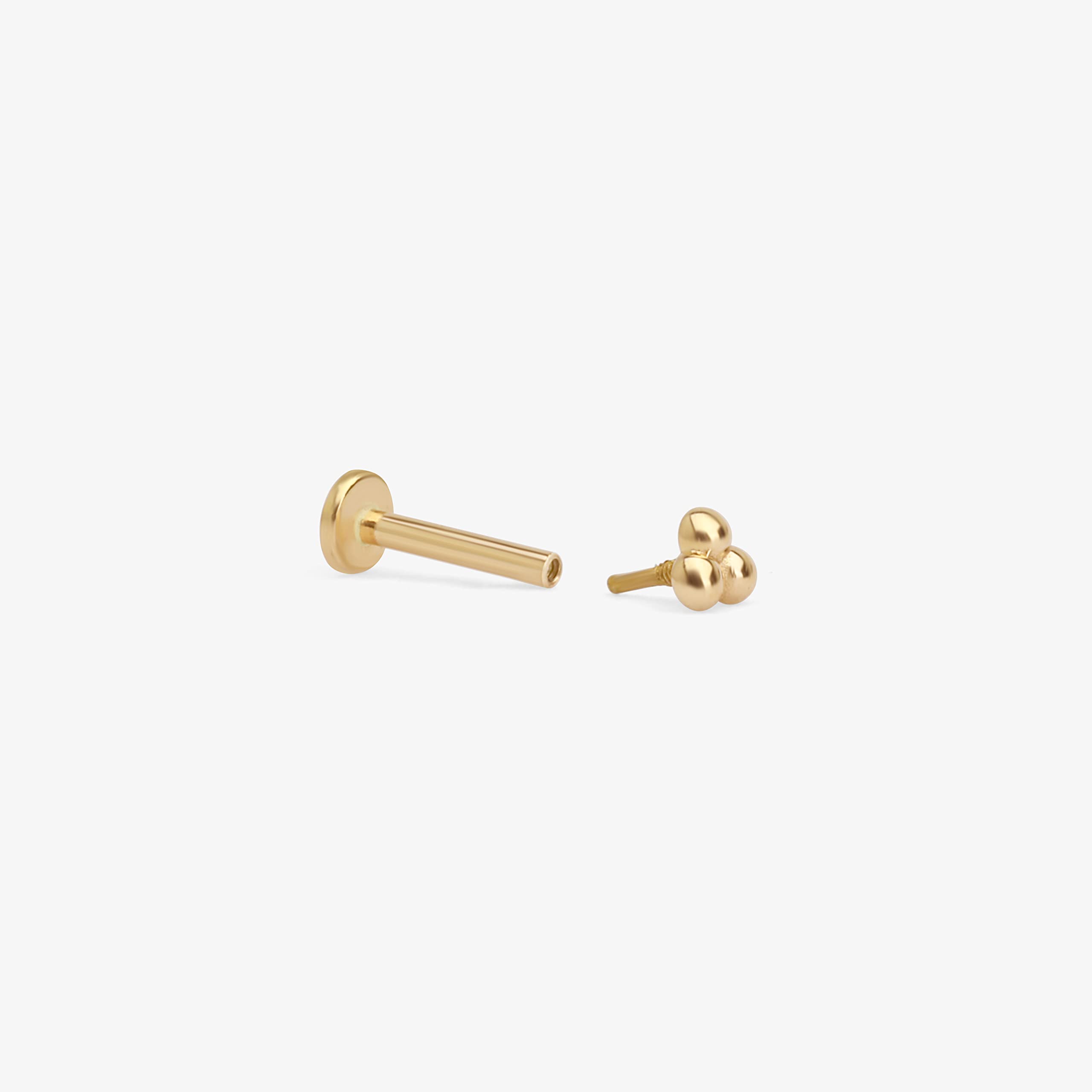 3 Ball Trinity Stud Earring for Women and Men in 14k Solid Yellow Gold, Hypoallergenic, Comfy Flat Backed Earring For Sensitive Ears, New Piercings (Single Piece)