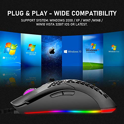 Wired Lightweight Gaming Mouse,6 RGB Backlit Mouse with 7 Buttons Programmable Driver,6400DPI Computer Mouse,Ultralight Honeycomb Shell Ultraweave Cable Compatible with PC Gamers,Xbox,PS4 (black)
