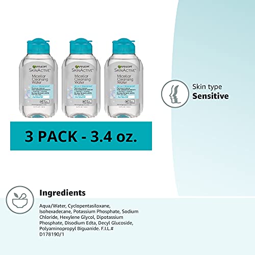 Garnier SkinActive Micellar Cleansing Water, All-in-1 Waterproof Makeup Remover and Facial Cleanser, 3.4 fl oz, 3 Pack