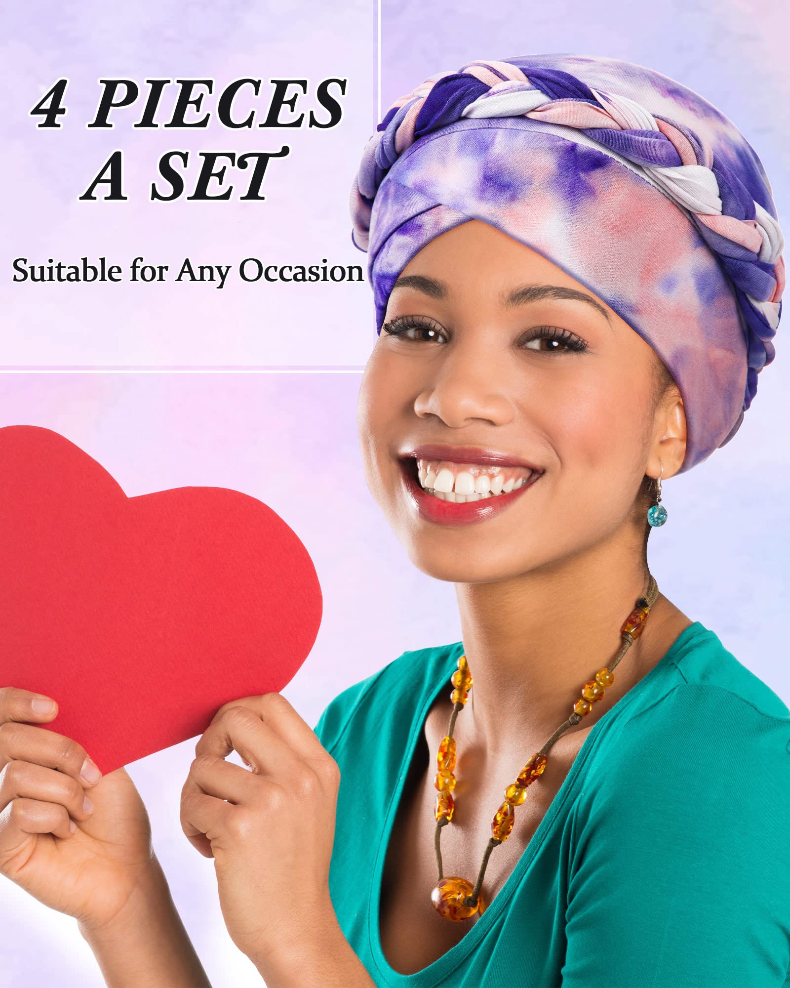4 Pieces African Women Turban Cap Head Wraps Beaded Headscarf Beanie Wrap